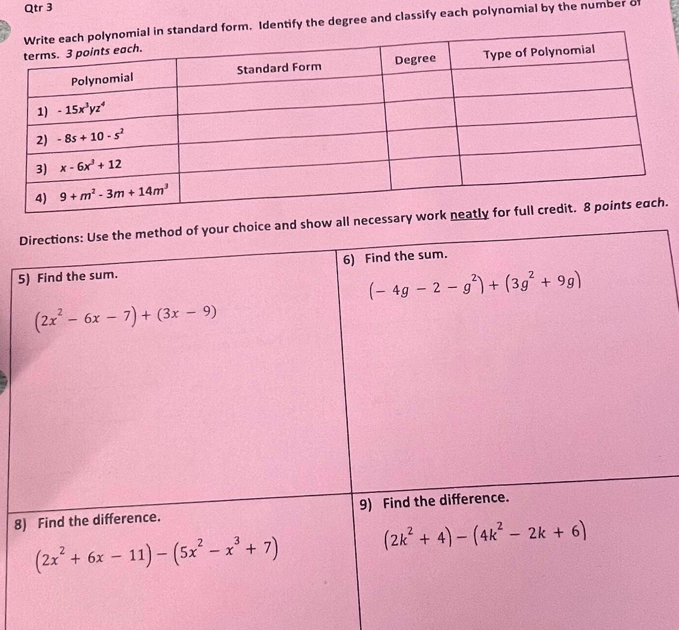 ANSWERED Qtr 3 Write Each Polynomial In Standard Form Identif ANSWERED Qtr 3 Write Each Polynomial In Standard Form Identif