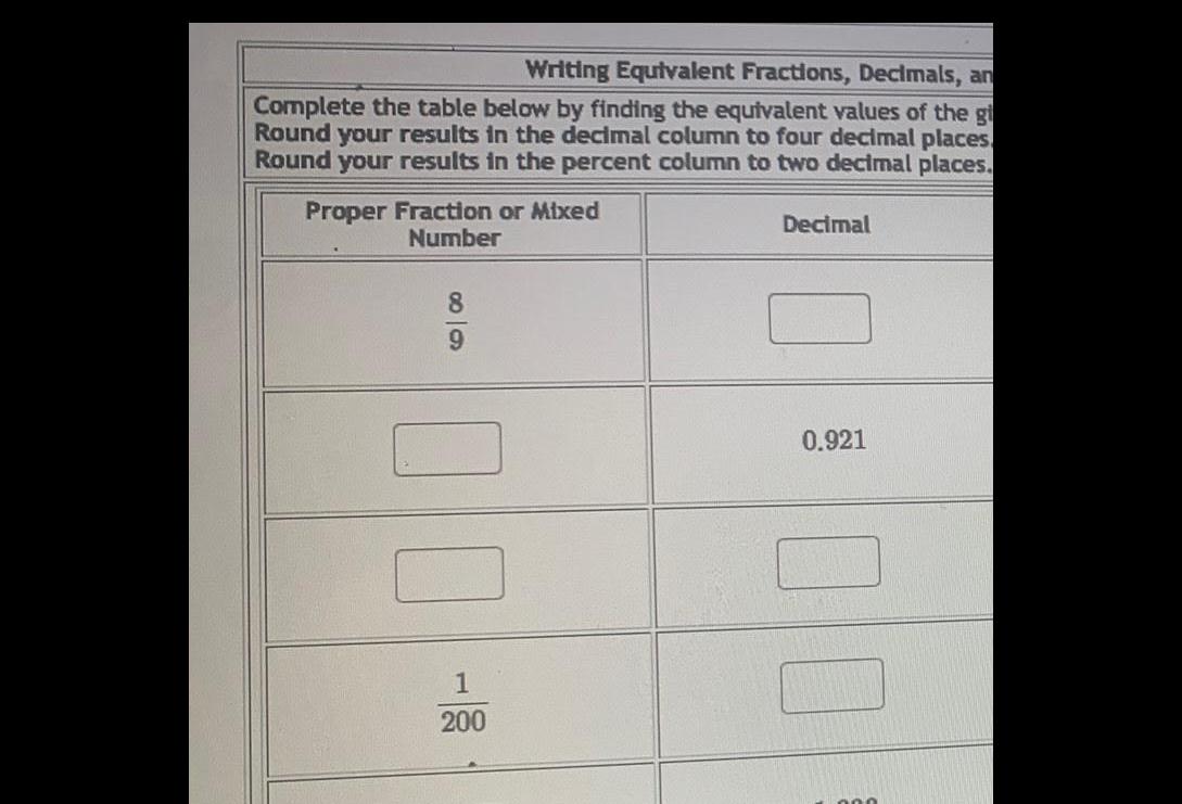 [ANSWERED] Writing Equivalent Fractions Decimals an Complete the table - Kunduz