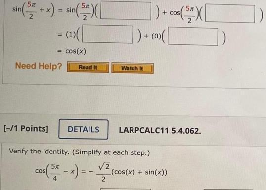 [ANSWERED] sin x sin 5 1 cos x Need Help Read It 0 Watch It cos 57 1 - Kunduz