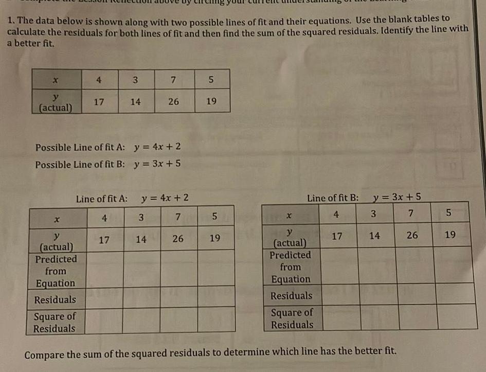 [ANSWERED] 1 The data below is shown along with two possible lines of - Kunduz