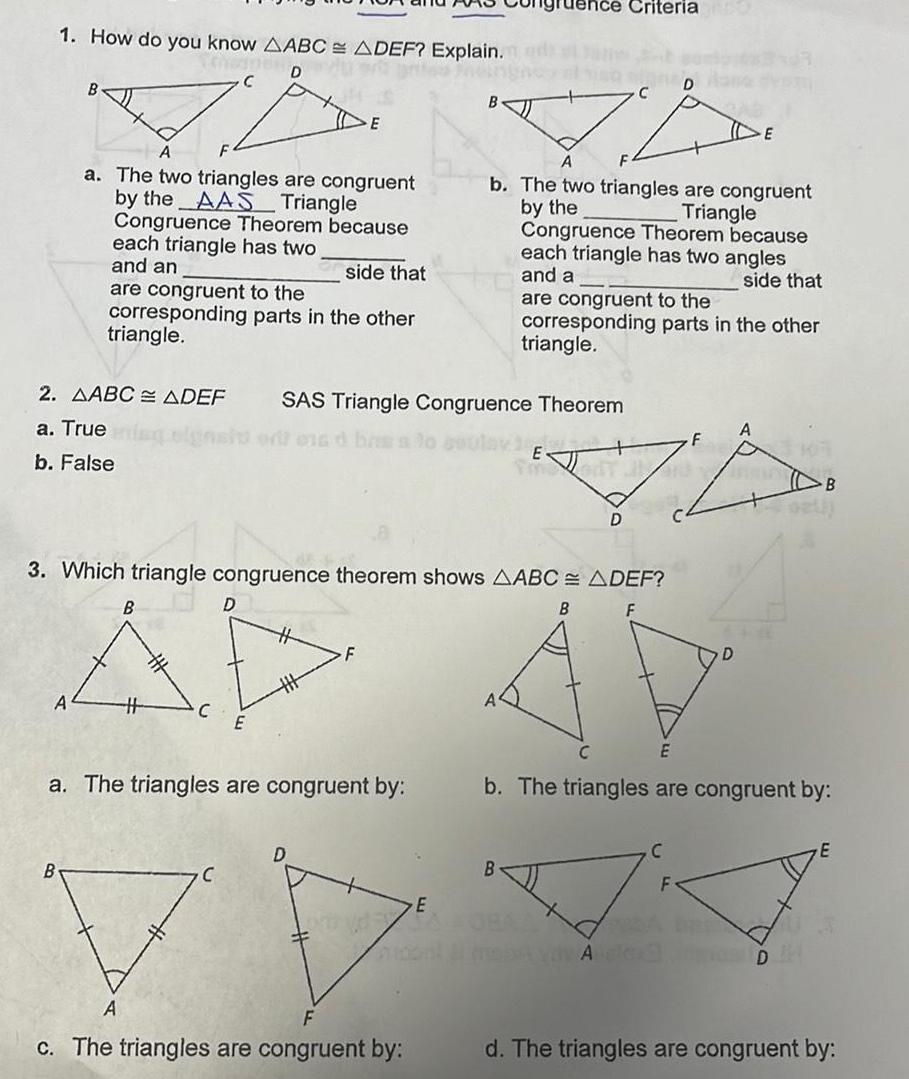 [ANSWERED] 1 How do you know AABC ADEF Explain 2 AABC ADEF a True b ...