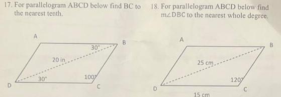 [ANSWERED] 17 For parallelogram ABCD below find BC to 18 For - Kunduz
