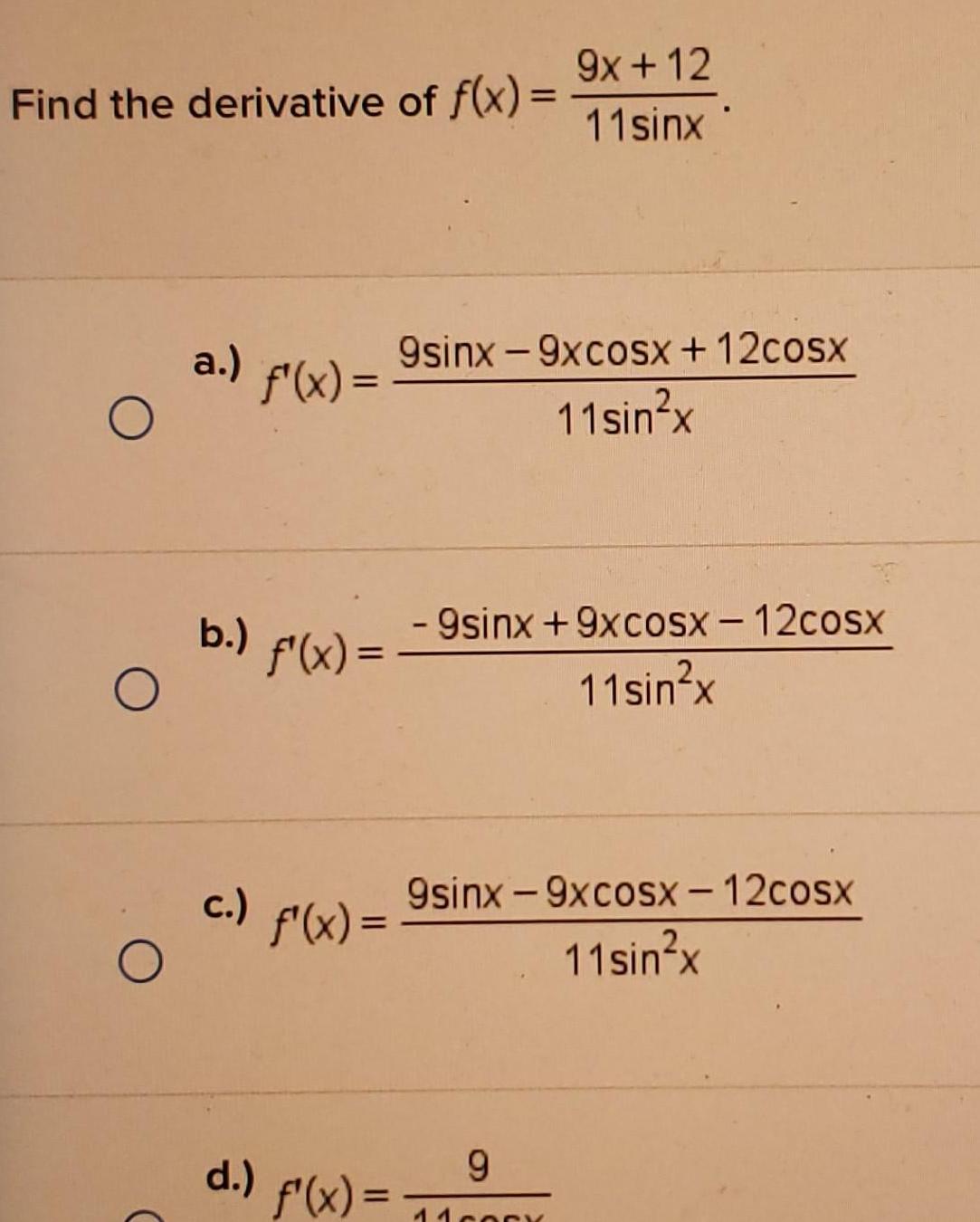 ANSWERED Find The Derivative Of F X A F X B F X C F X D F X 9x 12 ANSWERED Find The Derivative Of F X A F X B F X C F X D F X 9x 12