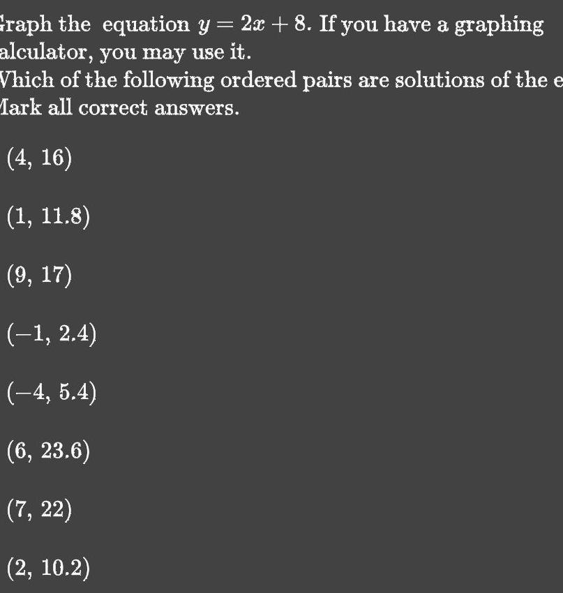 ANSWERED Raph The Equation Y 2x 8 If You Have A Graphing Alculator ANSWERED Raph The Equation Y 2x 8 If You Have A Graphing Alculator